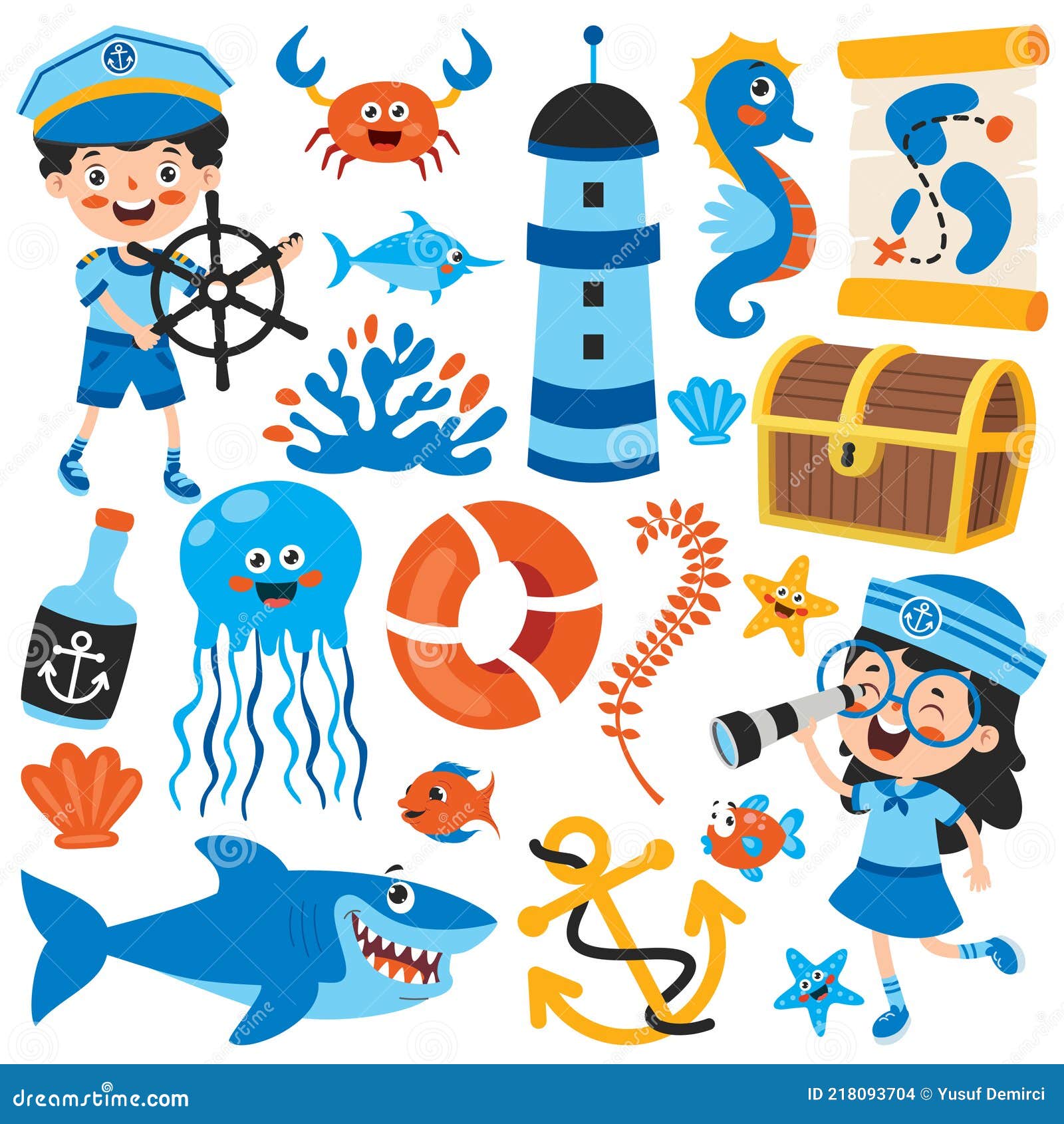 Conjunto De Elementos Do Mar De Desenho Animado Ilustração do Vetor ...