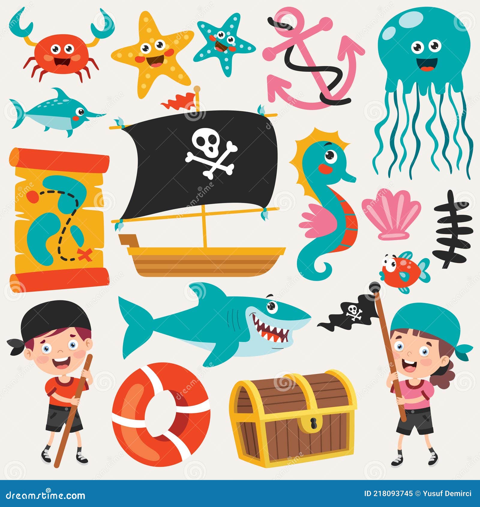 Conjunto De Elementos Do Mar De Desenho Animado Ilustração do Vetor ...