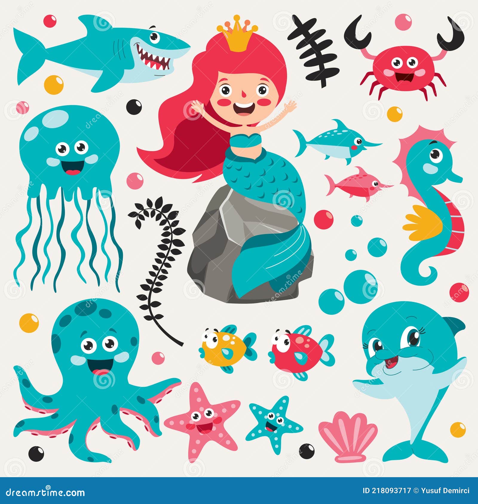 Conjunto De Elementos Marinos De Dibujos Animados Ilustración del ...