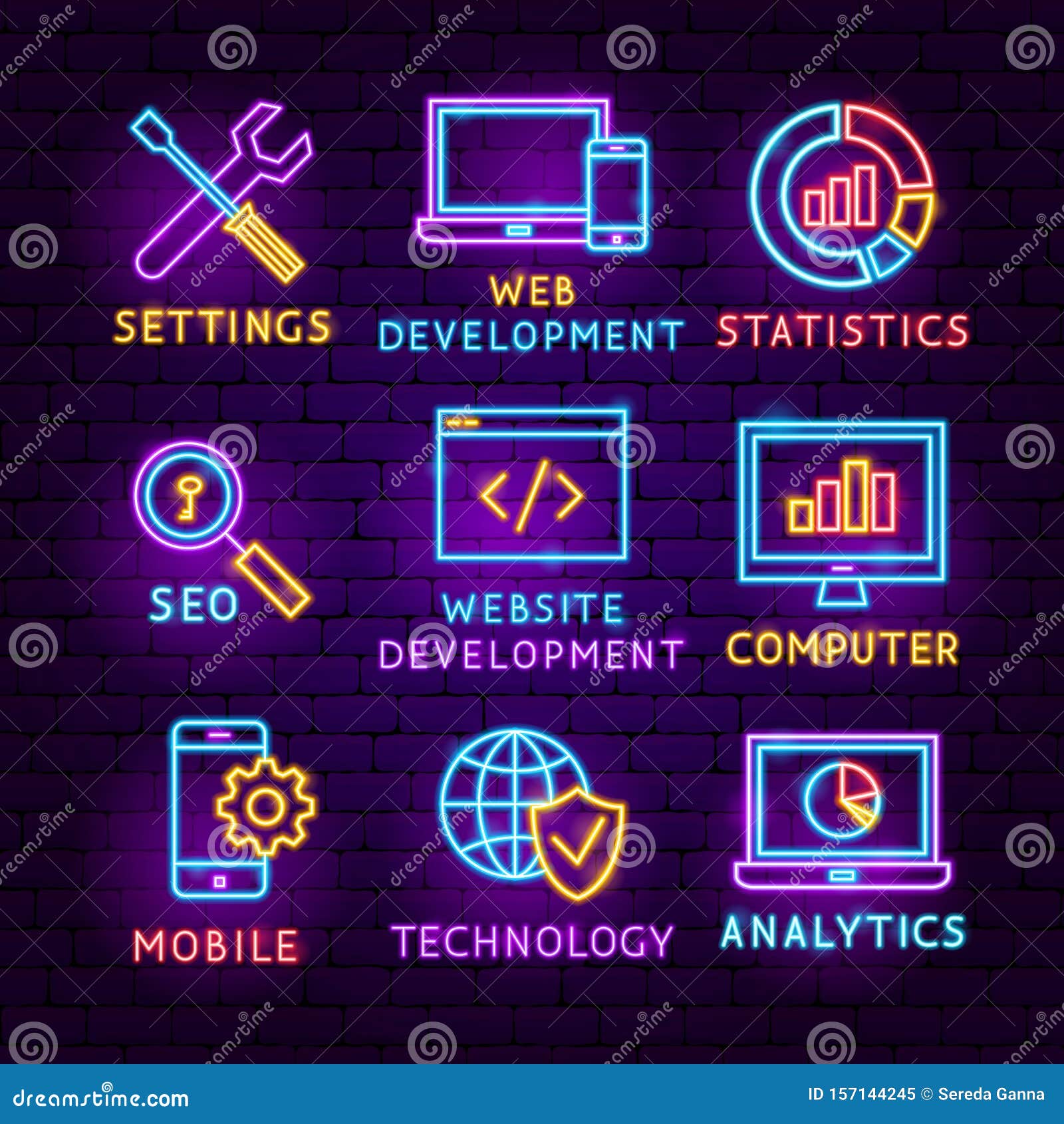 Conjunto De Etiquetas Neon Development Web Ilustración del Vector ...