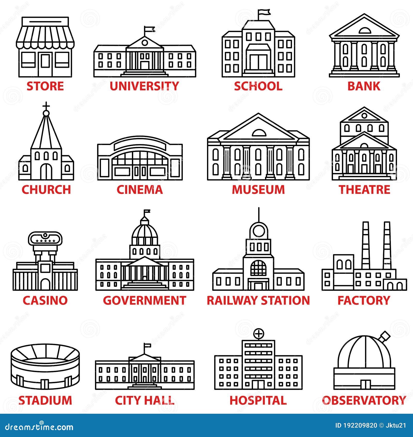 Conjunto De Iconos De Edificios Gubernamentales. Ilustraciones De Contorno Aislado Vectorial ...