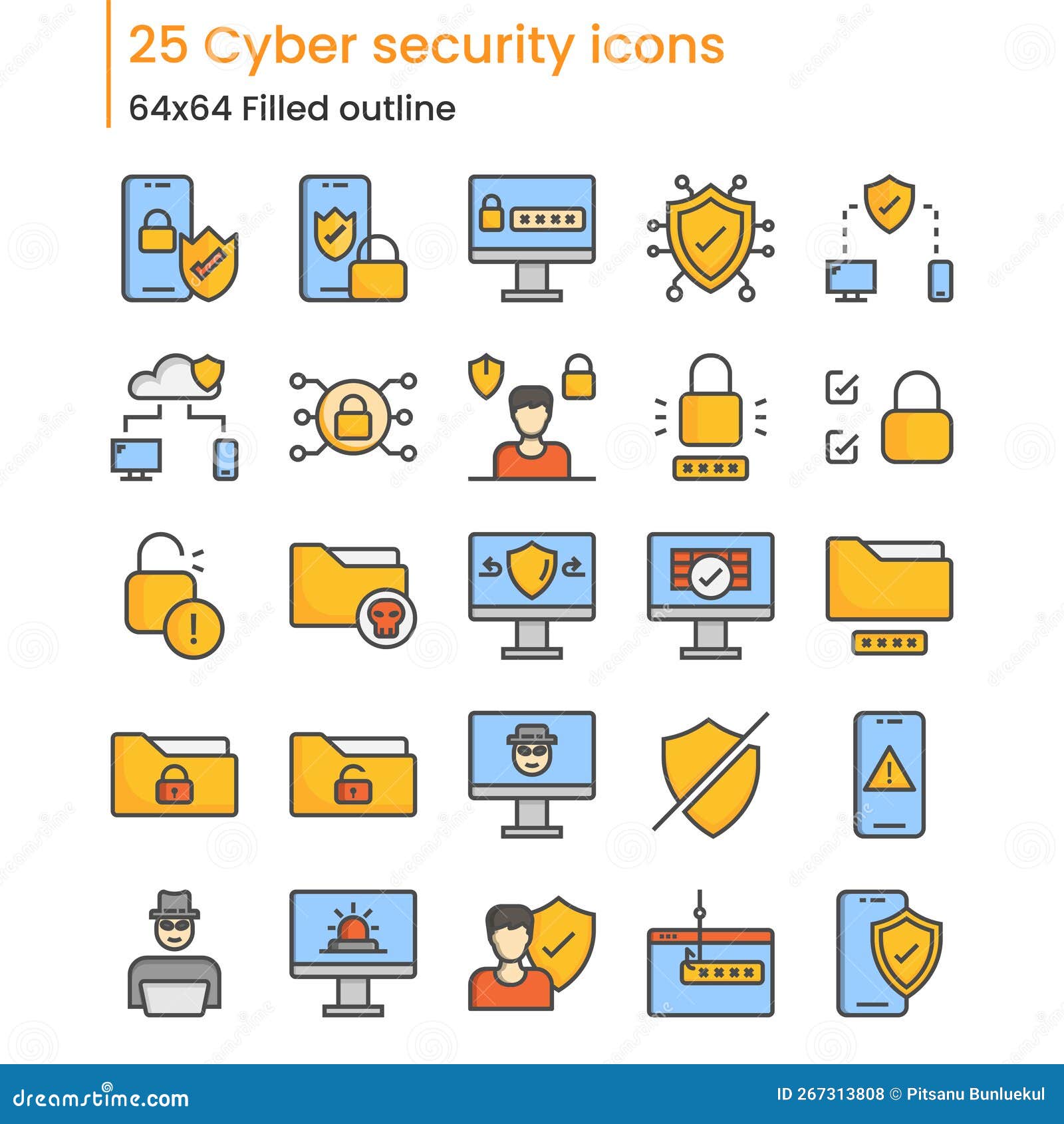 Conjunto De Iconos De Esquema Rellenos De Ciberseguridad Ilustración ...