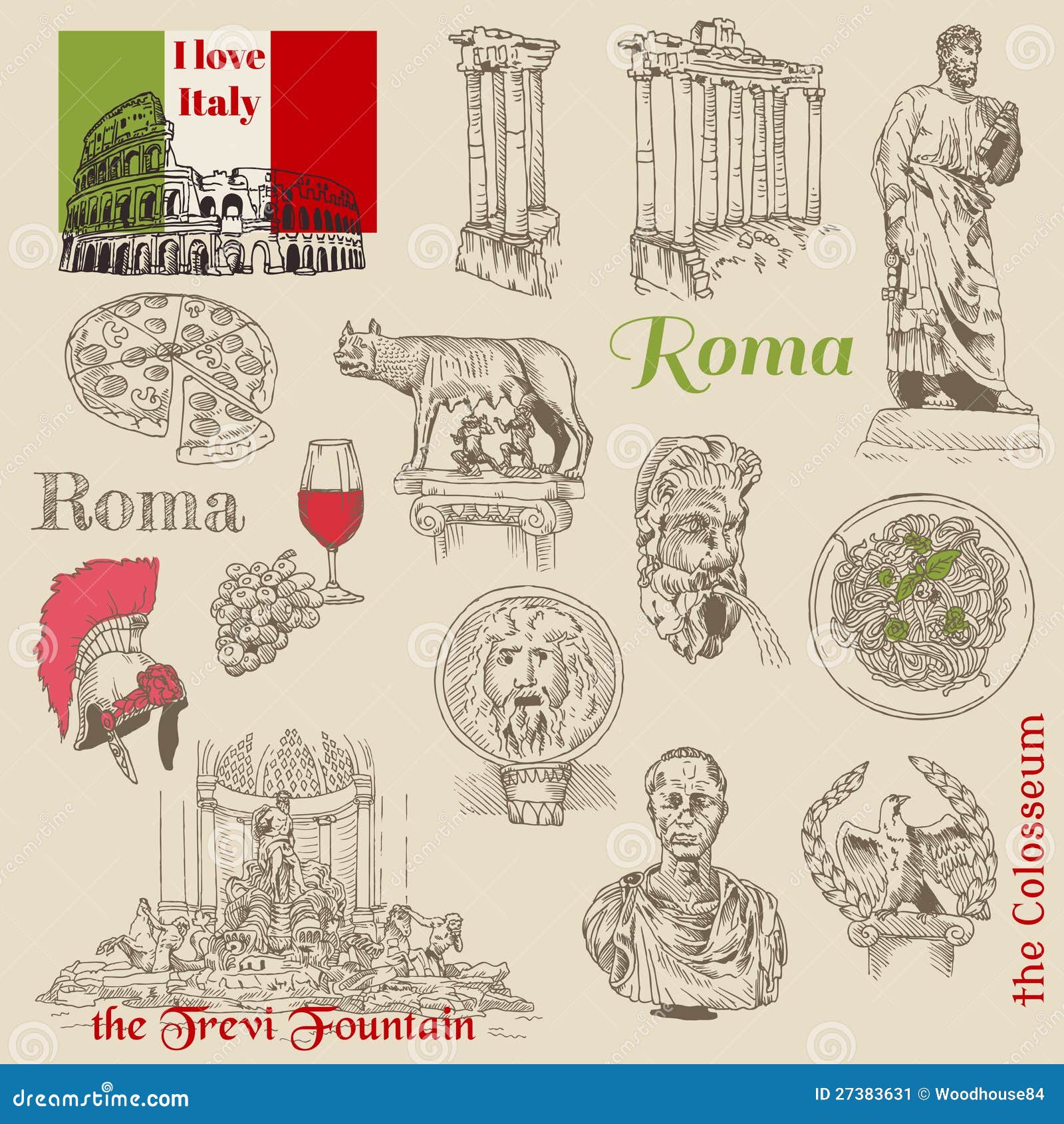 Conjunto De Los Doodles De Roma Ilustración del Vector - Ilustración de ...