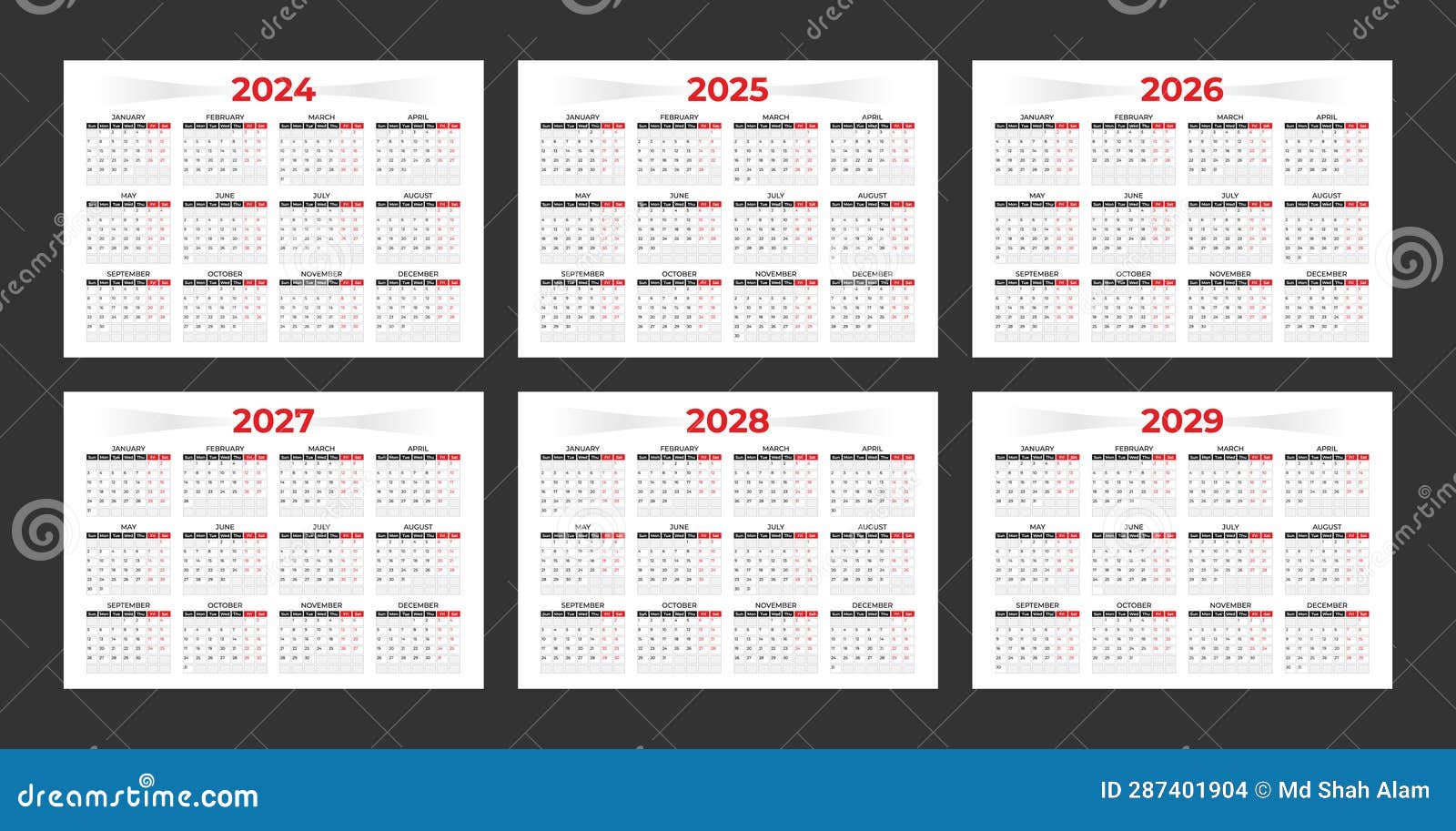 Conjunto De Plantillas De Calendario Anual Para 2024 2025 2026 2027 ... Conjunto De Plantillas De Calendario Anual Para 2024 2025 2026 2027 ...