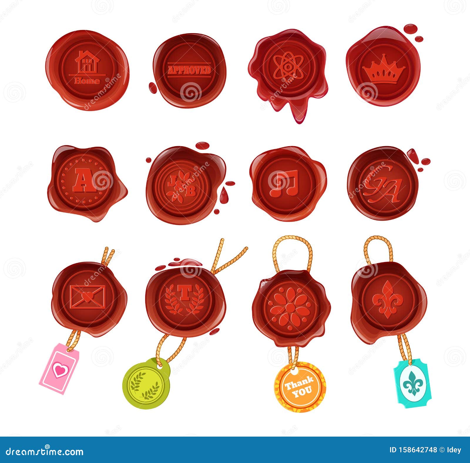 Conjunto De Sellos De Cera Roja Vintage, Con Logos, Iconos, Pictogramas ... Conjunto De Sellos De Cera Roja Vintage, Con Logos, Iconos, Pictogramas ...