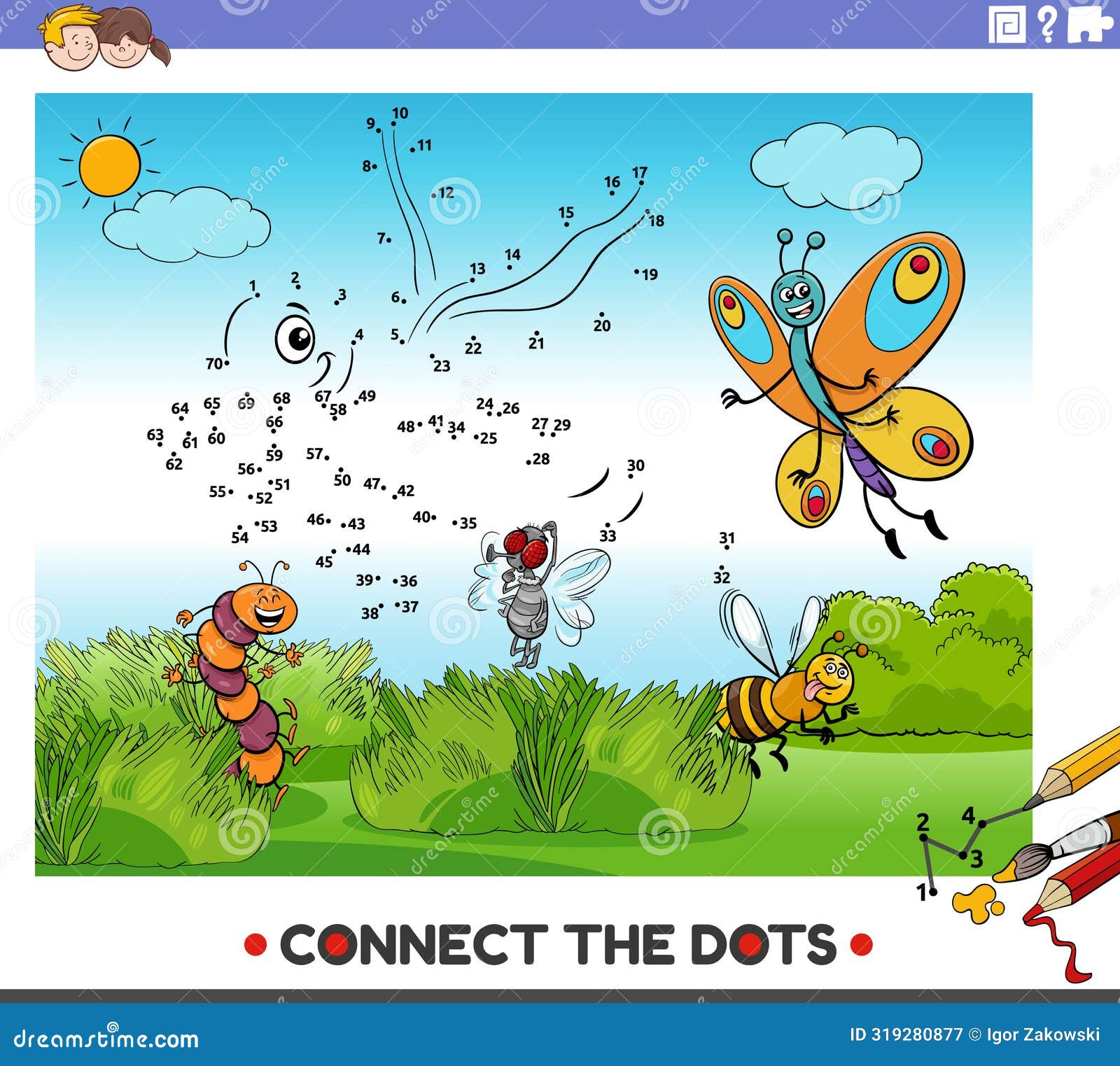 Connect the Dots Activity with Cartoon Insects Animal Characters Stock ...