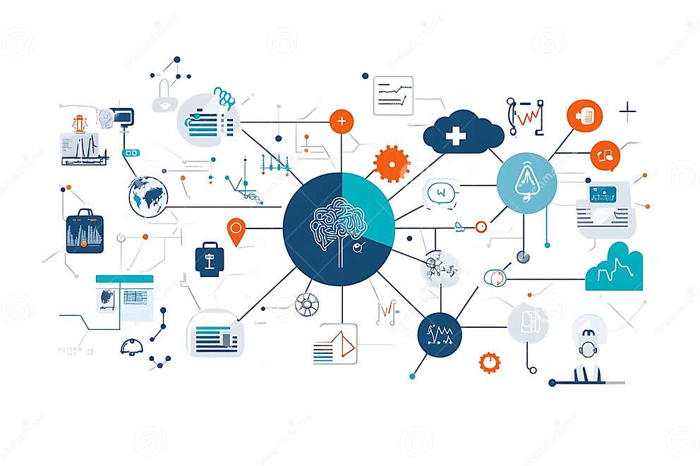 Connected Brain Network with Icons and Data Stock Illustration ...
