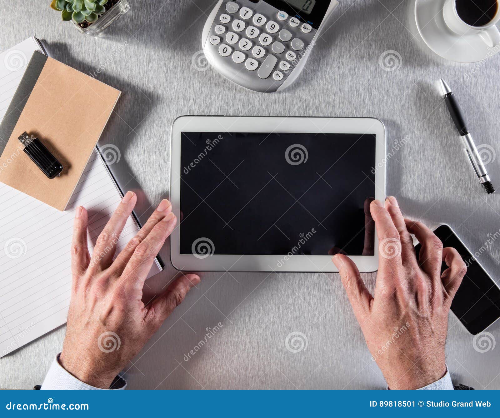 Connected Businessman Hands Working on Digital Tablet, Flat Lay Stock ...