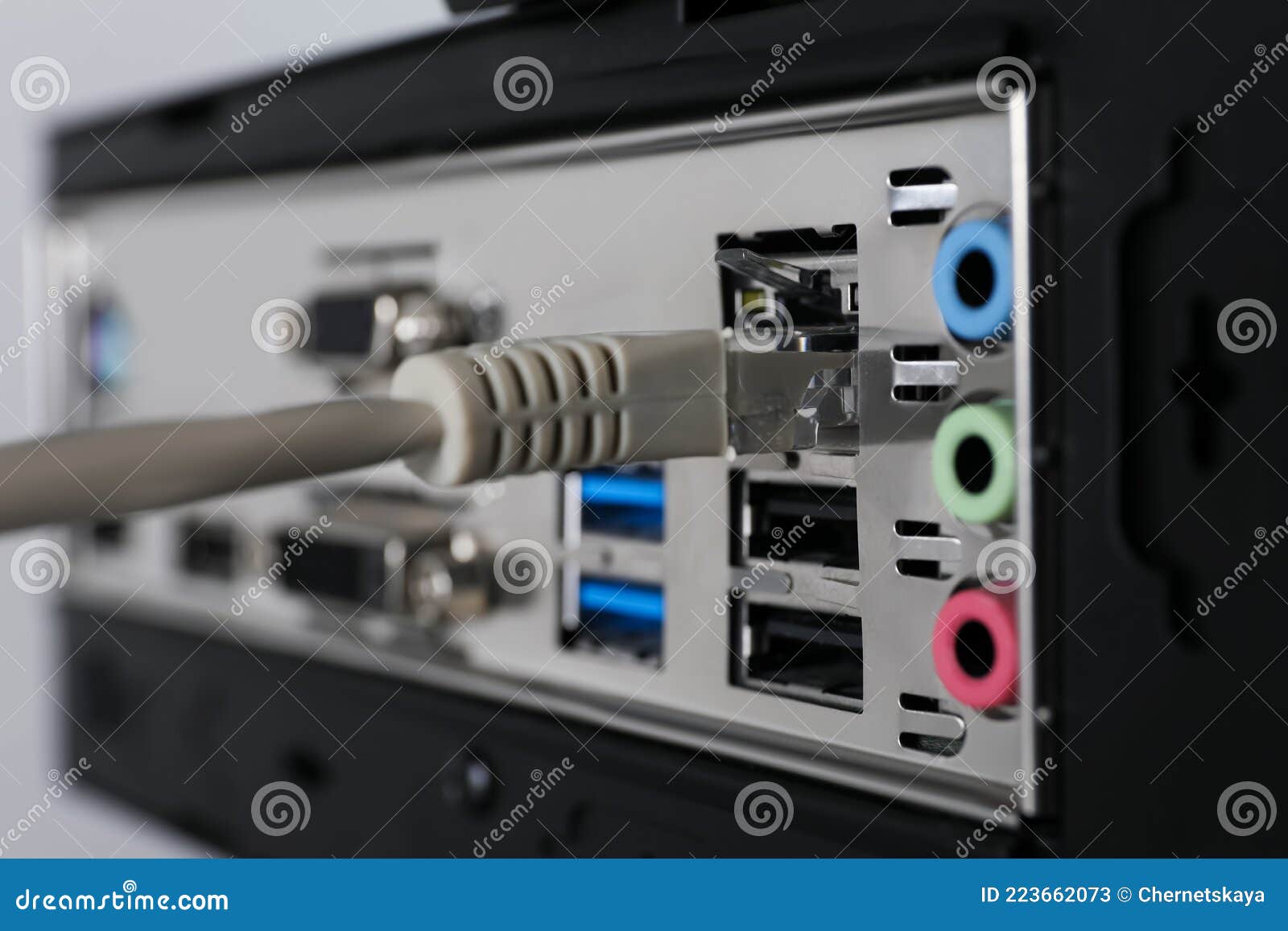 Connected Cable To Computer System Unit, Closeup. Internet ...