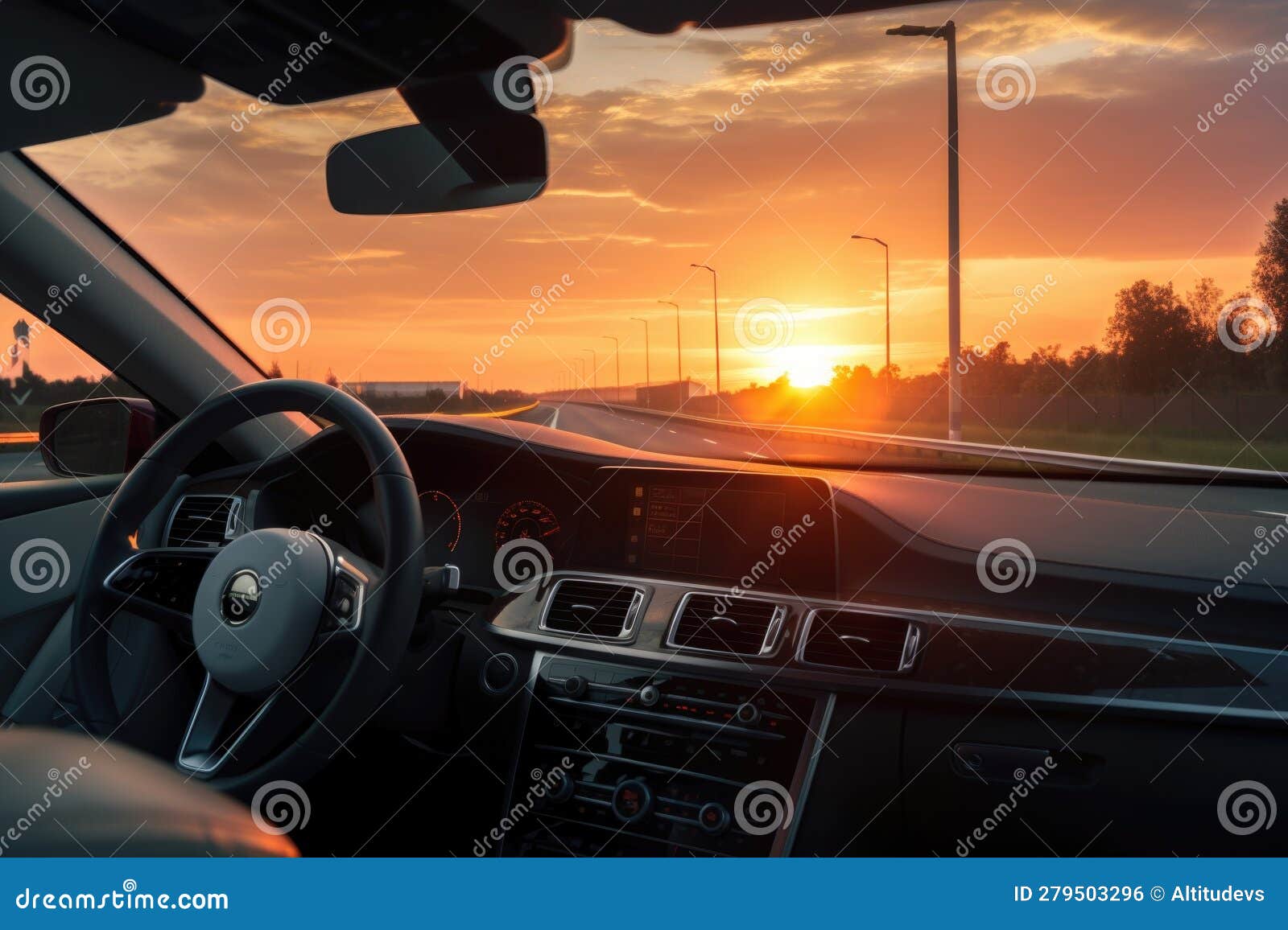 Connected Car Driving on the Highway, with View of the Sunset in the ...