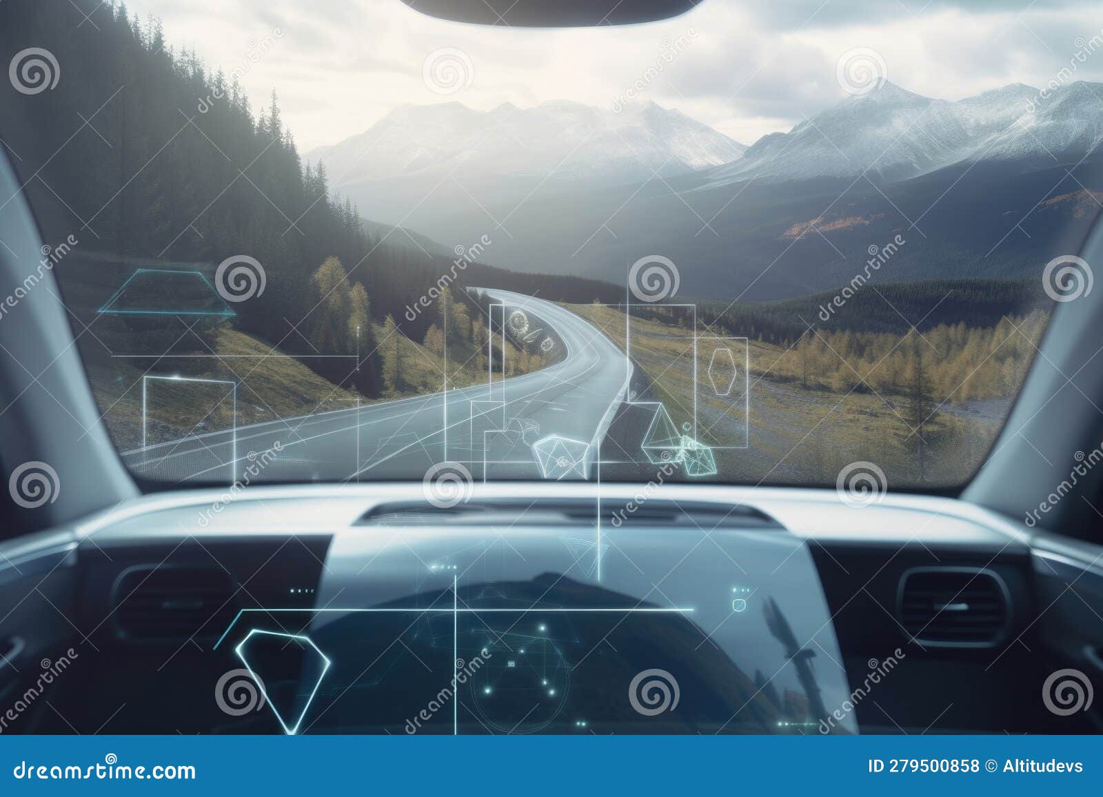 Connected Car Driving through Mountain Range, with Scenic View in the ...
