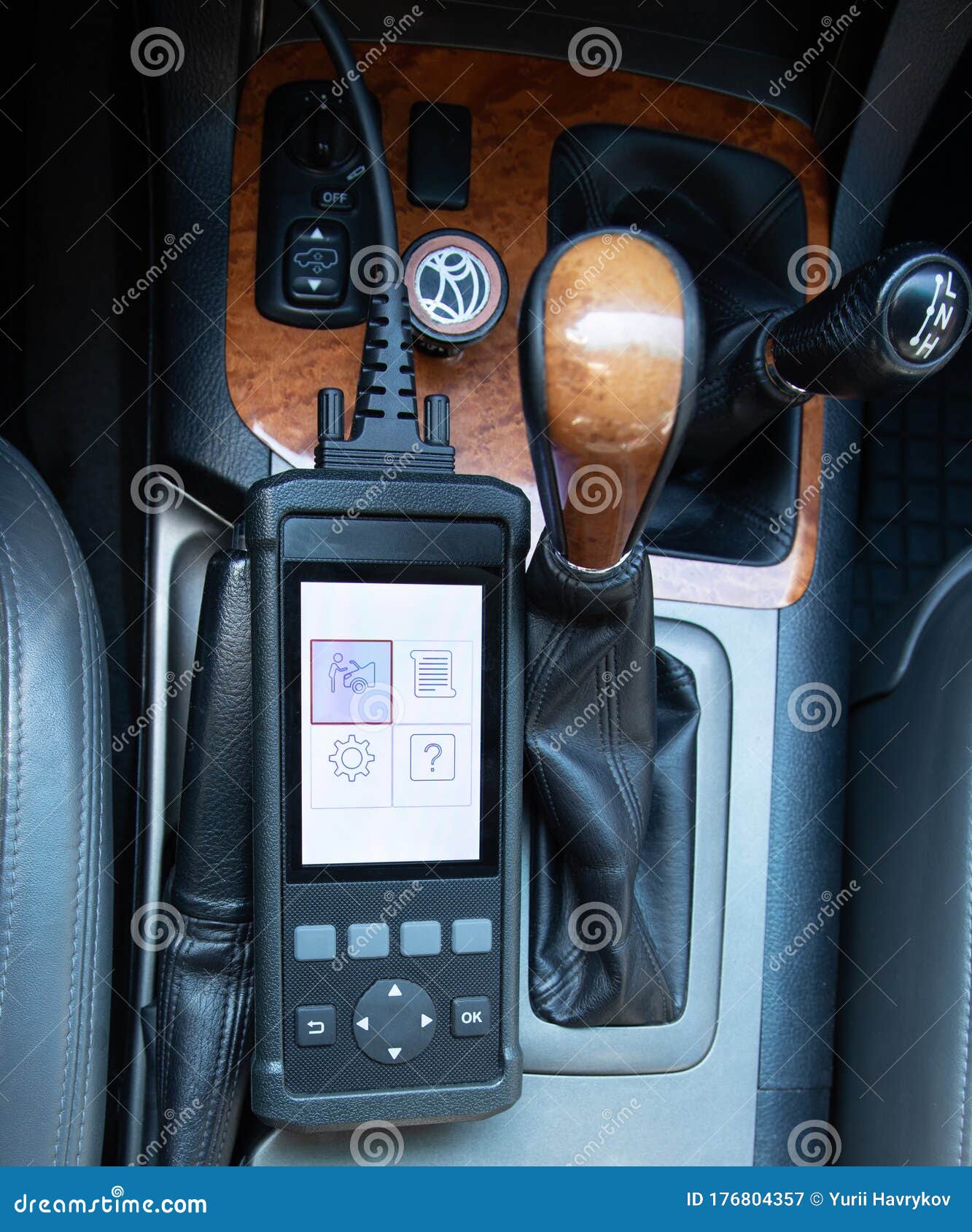 Connected Diagnostic Car Scanner in the Passenger Compartment, Top View ...