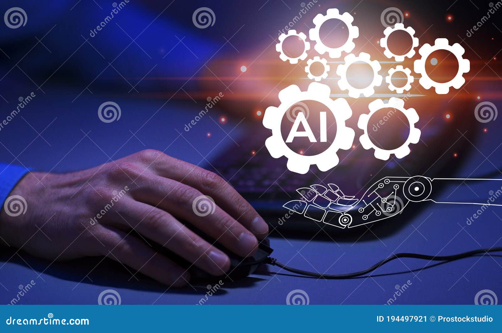 Connected Gears with AI Inscription Over Man Using Computer Stock Image ...