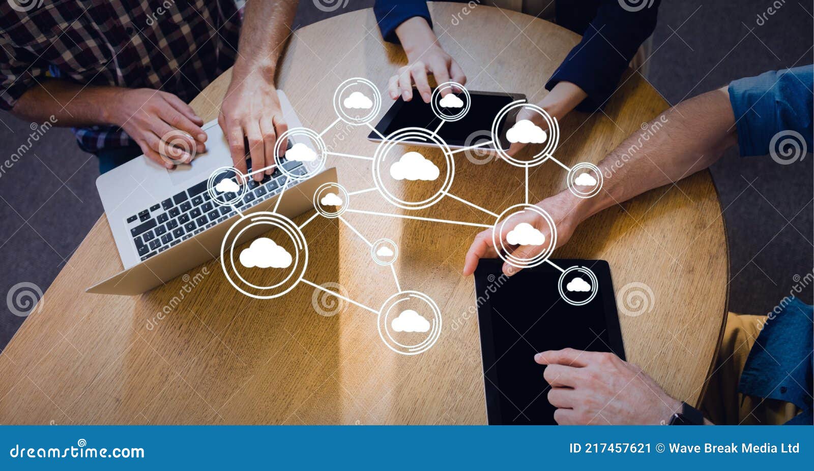 Connected Network of Bubbles with Cloud Icons Over Businessmen at Table ...