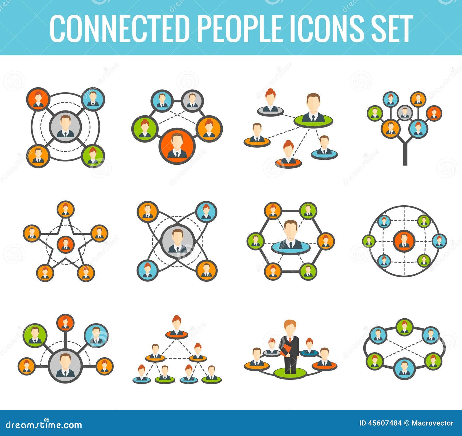 Connected People Flat Icons Set Stock Vector - Illustration of social ...