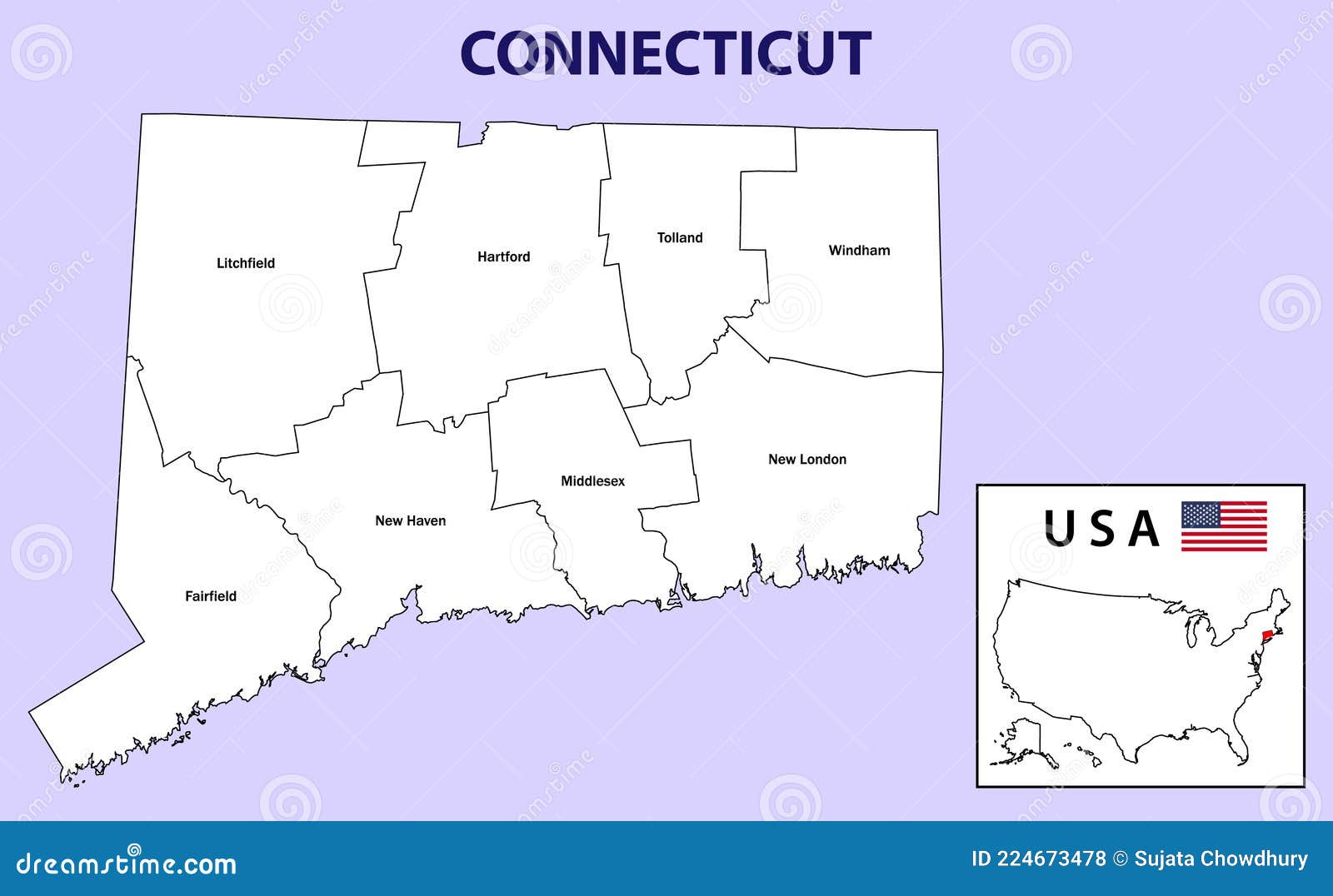 Connecticut Map. District Map Of Connecticut In Outline. District Map ...