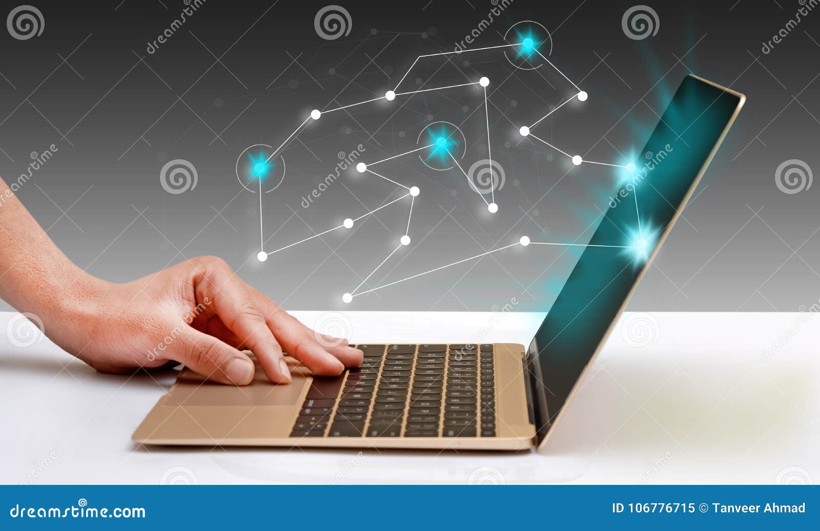 Connecting Dots on Digital Laptop Display Stock Image - Image of social ...