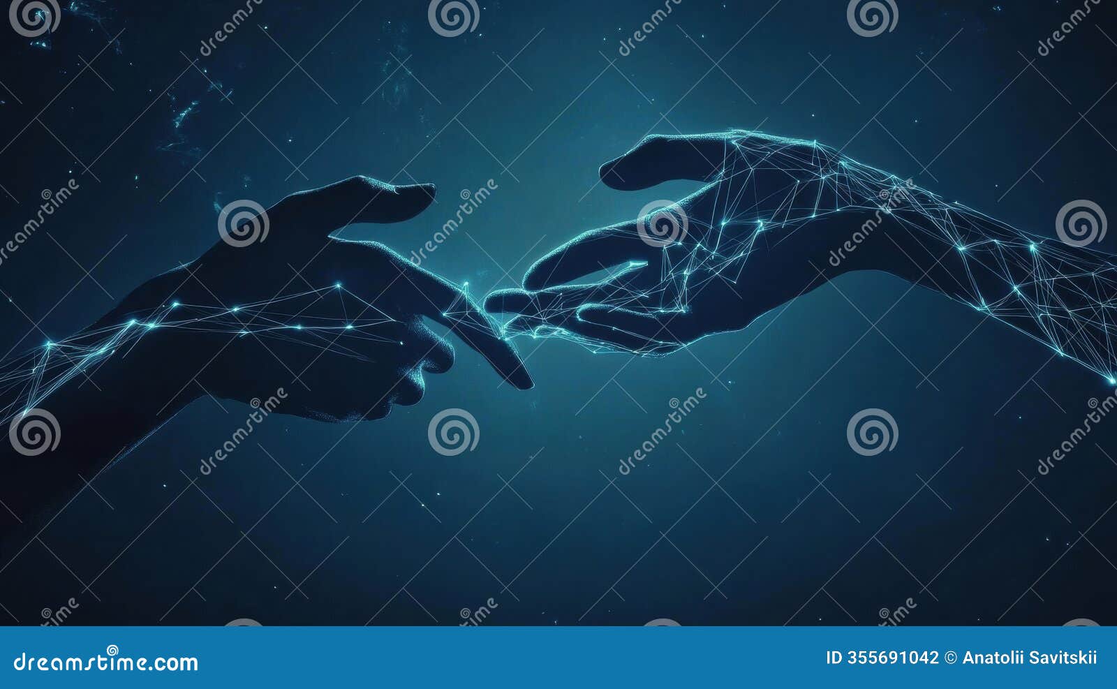 Connecting Hands Reaching for Each Other with Digital Lines and Dots in ...