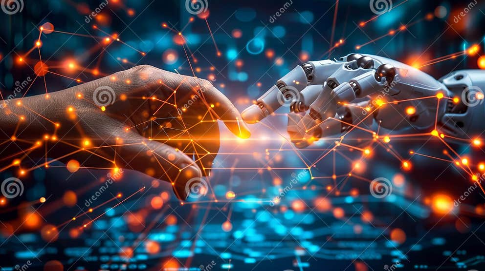 Connection Beyond Borders Human and Robotic Hands Reach Across Glowing Data Streams Stock ...