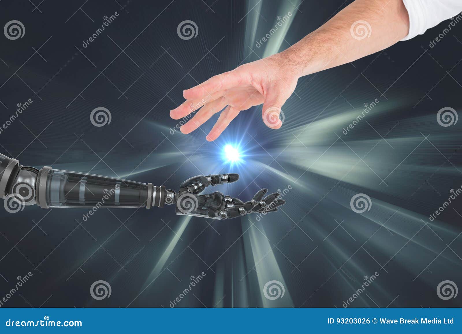 Connection between Human and Robot Hand Against Silver Background Stock ...