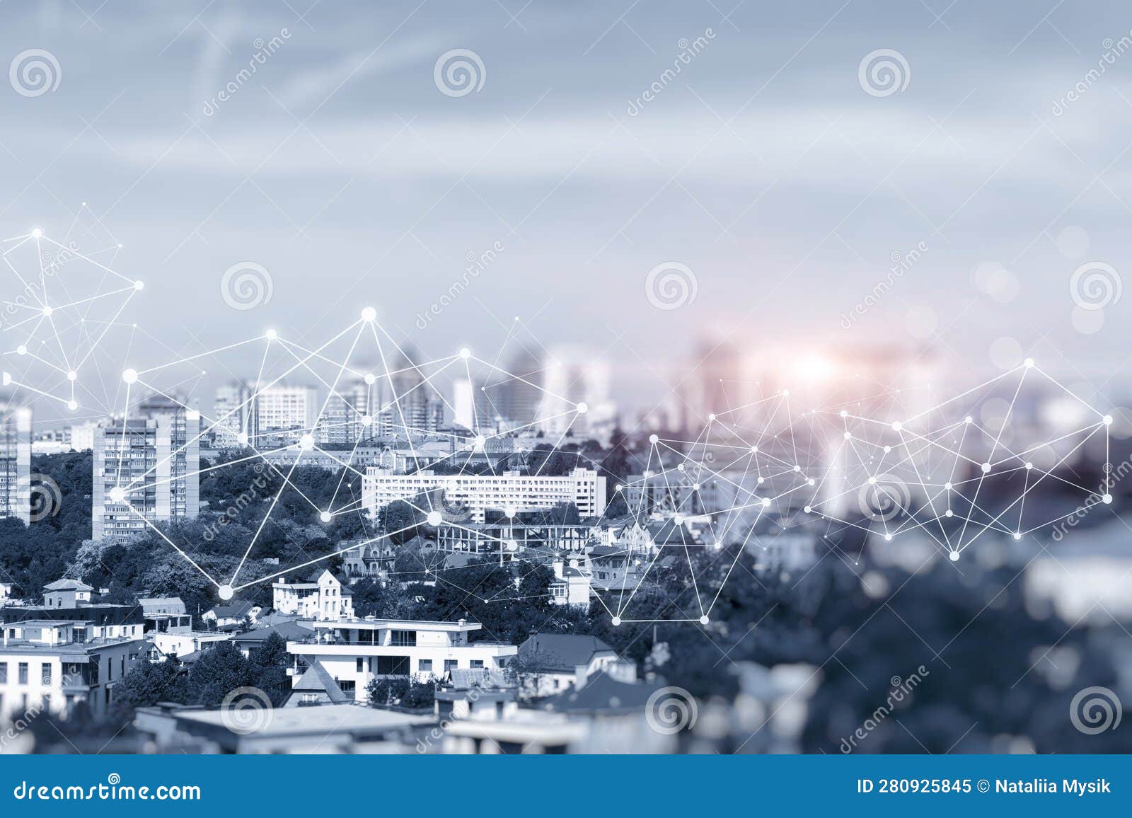 Connection Network on the Background of Buildings Stock Image - Image ...