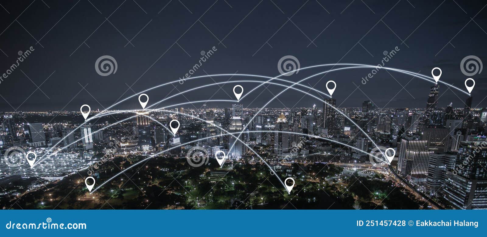 Connection Network Map Pin Navigation at Night Cityscape. Search ...