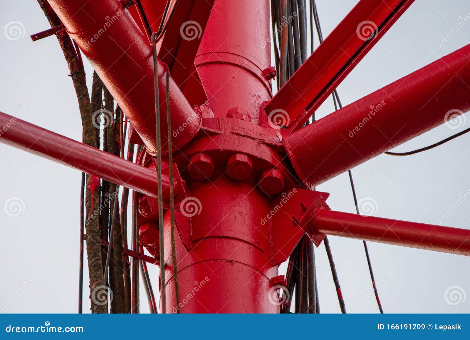 Connection of Red Steel Pipes Against the Blue Sky, Supporting Metal ...