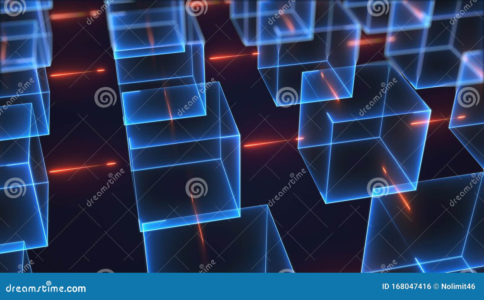 Connection Structure of Many Neon Cubes. Computer Generated Isometric ...