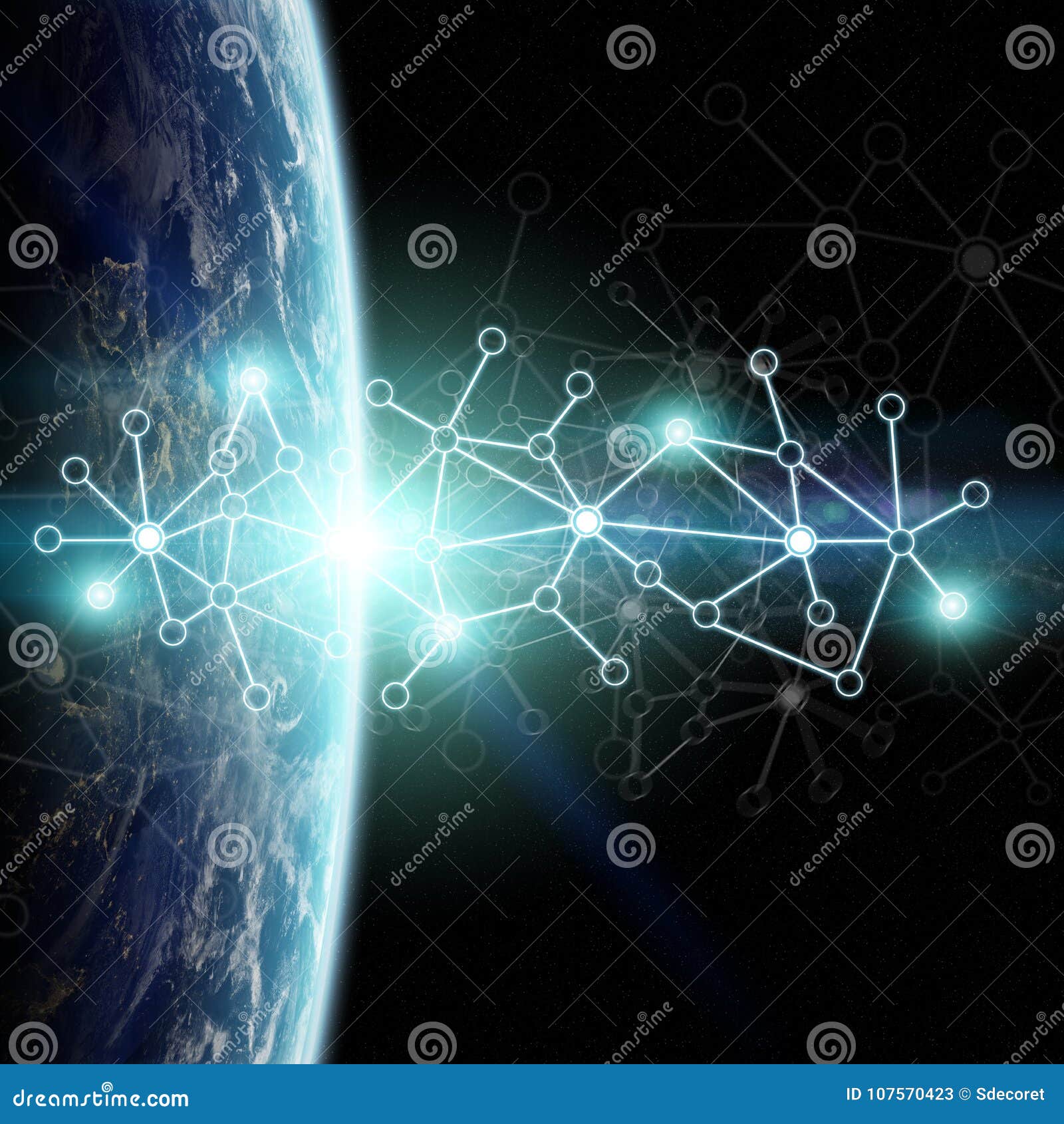 Connections System and Datas Exchanges on Planet Earth 3D Render Stock ...