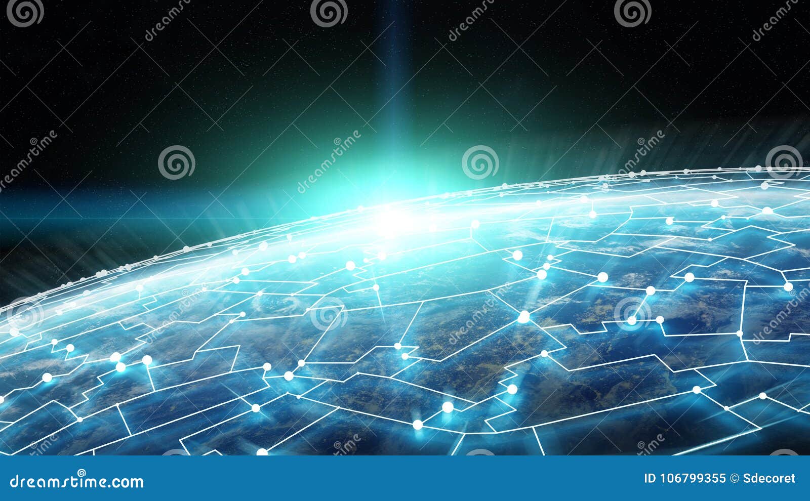Connections System and Datas Exchanges on Planet Earth 3D Render Stock ...