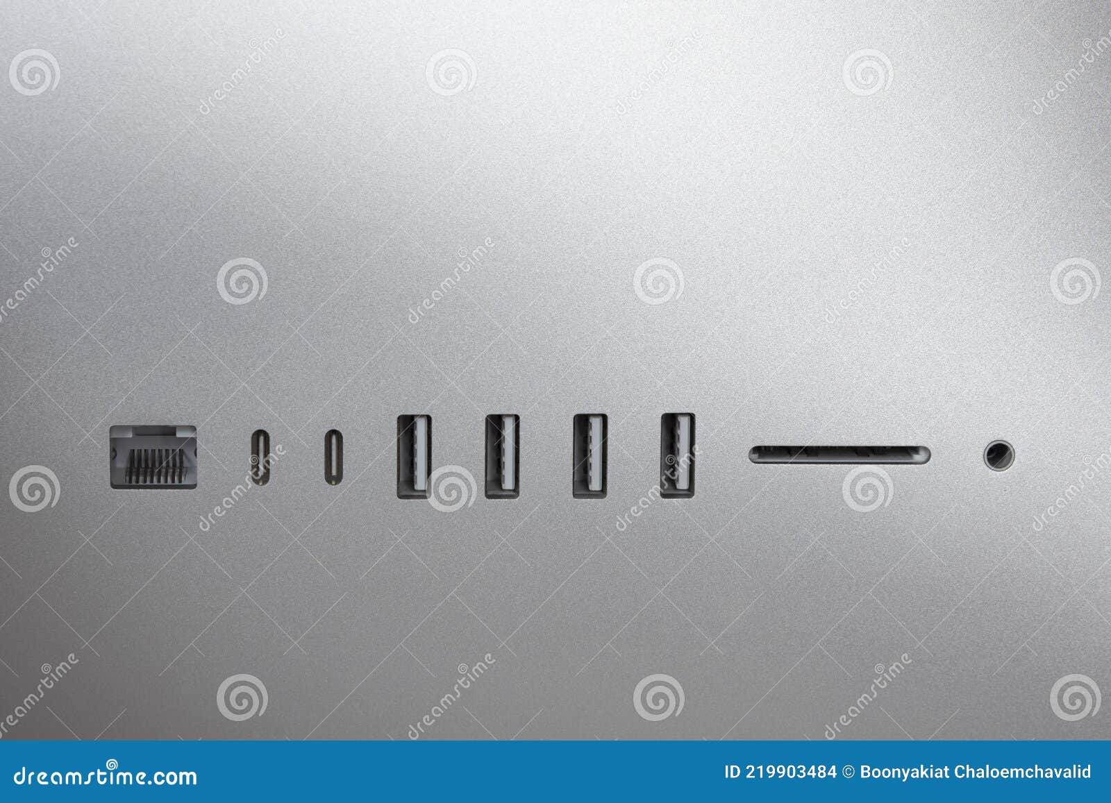 Connector and Ports on Computer. USB Type a and Type C, Micro SD, Audio ...