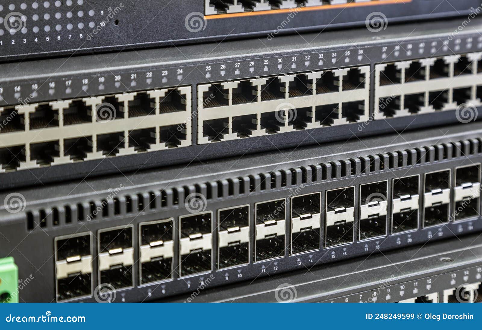 Connectors of a Large Data Center Network Switch. Incoming and Outgoing ...