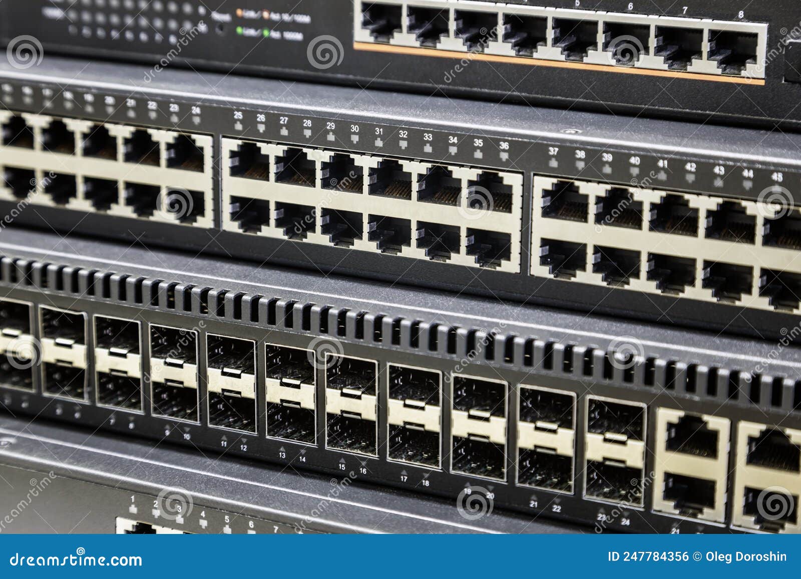 Connectors of a Large Data Center Network Switch. Incoming and Outgoing ...