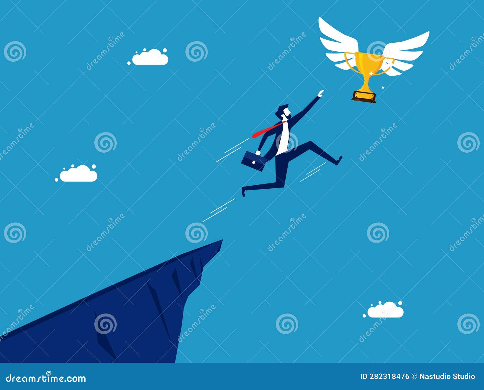 Conquest of Victory. Businessman Jumping To Grab the Trophy Stock ...