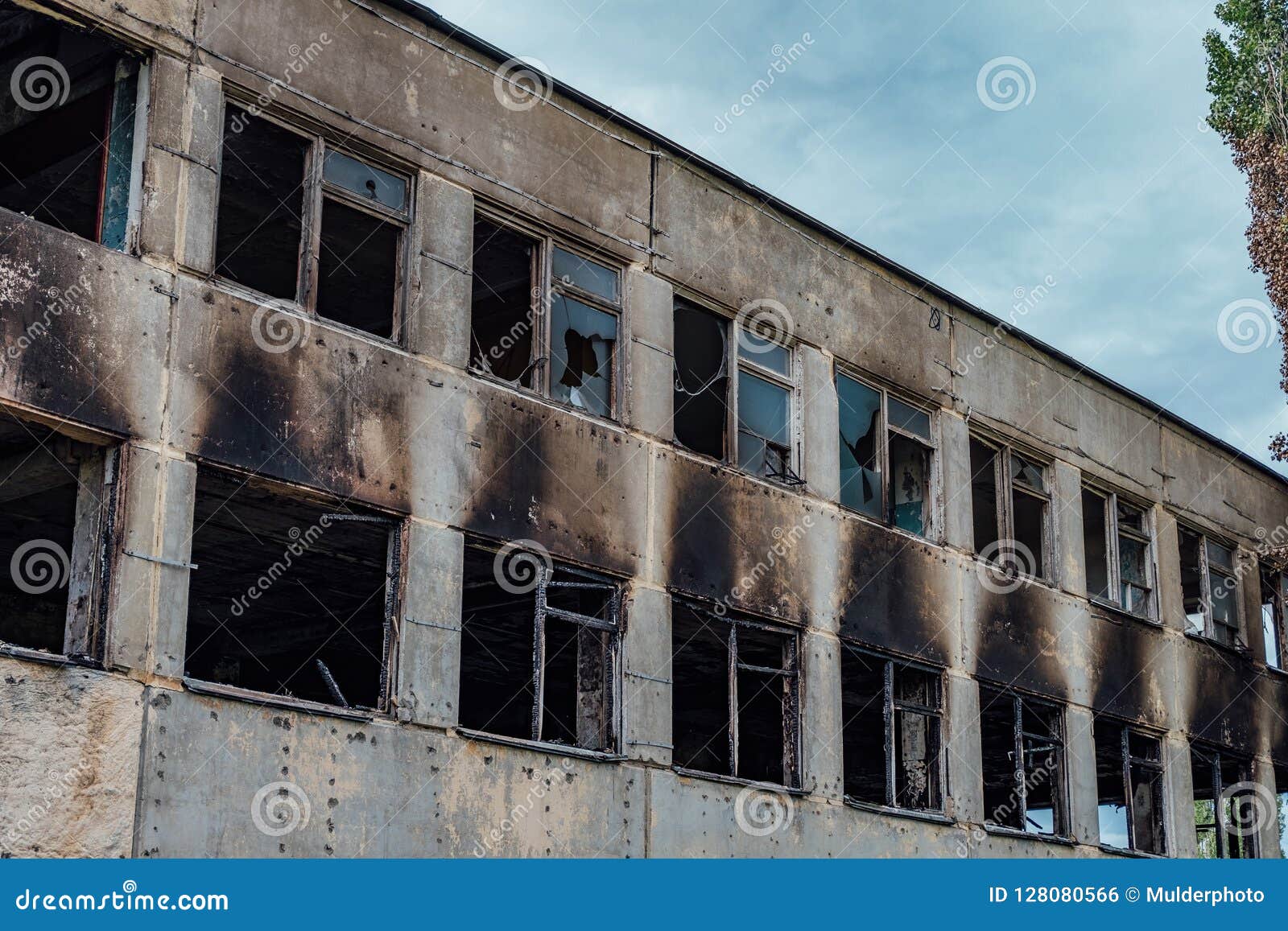 Consequences of Fire. Burnt Industrial or Office Building Stock Photo ...