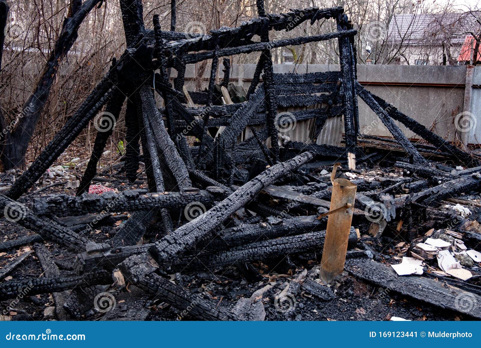 Consequences of Fire. Completely Burnt Wooden House Stock Image - Image ...