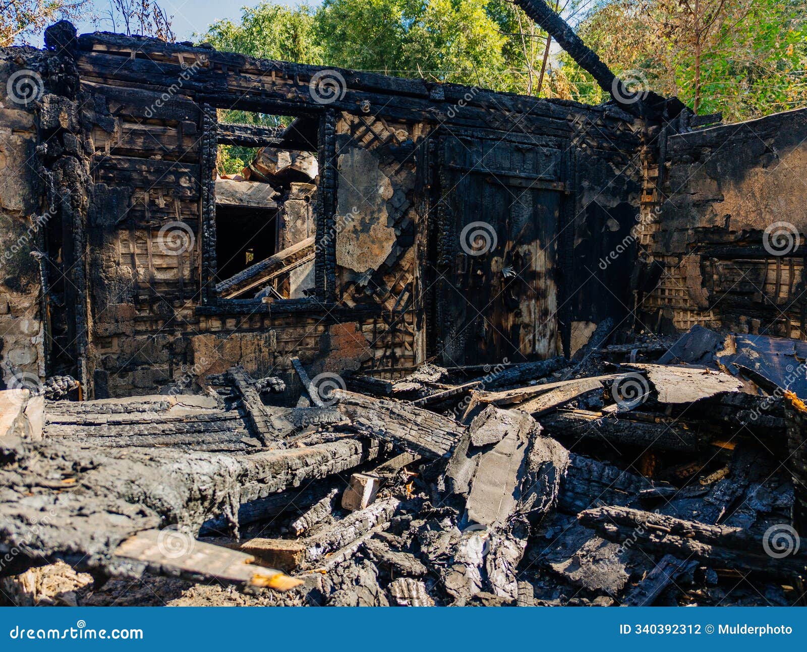 Consequences of Fire. Completely Burnt Wooden House Stock Photo - Image ...