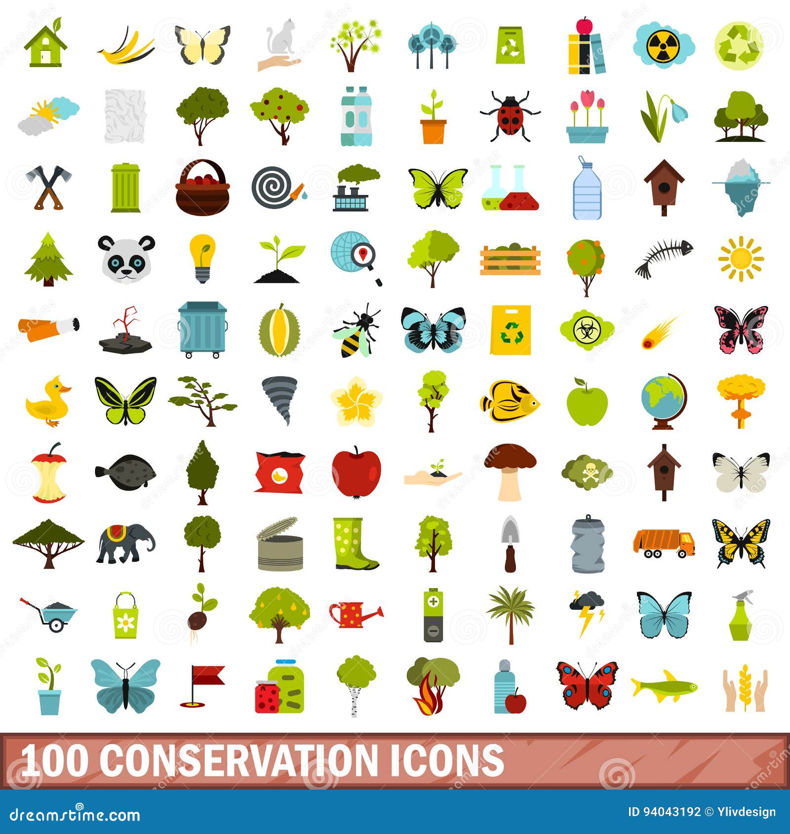 100 Conservation Icons Set, Flat Style Stock Vector - Illustration of ...