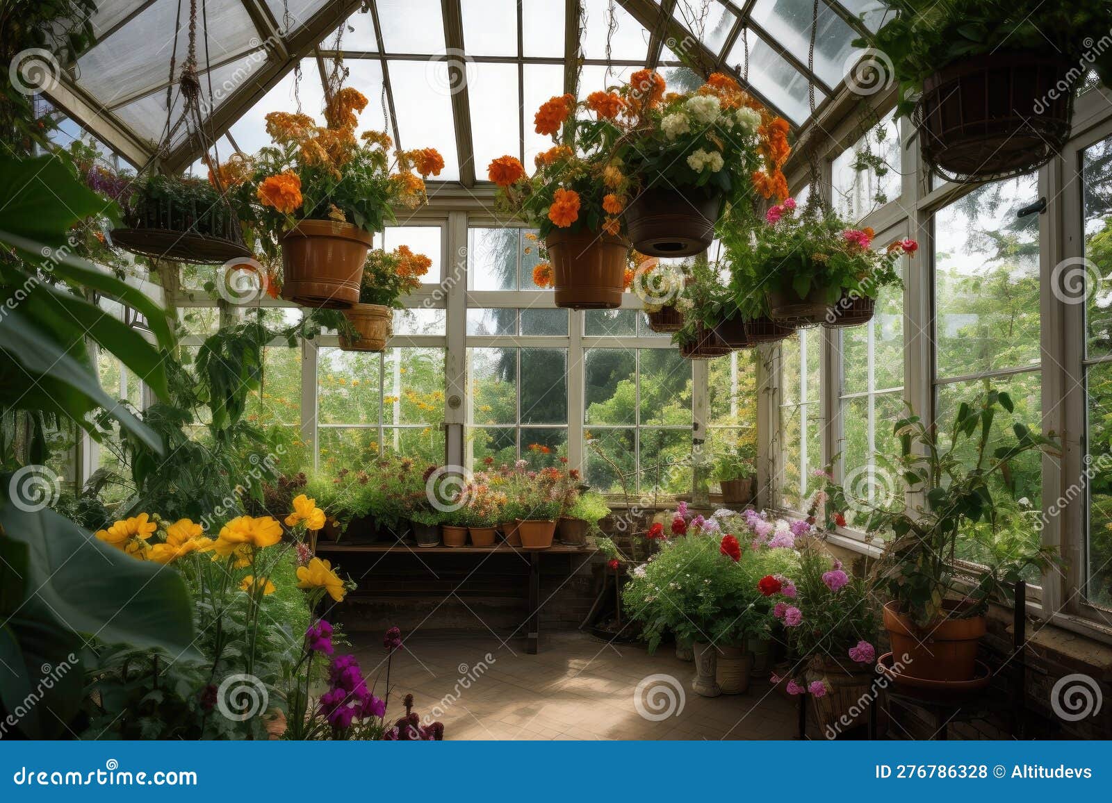 Conservatory with Hanging Baskets of Colorful Flowers and Greenery ...