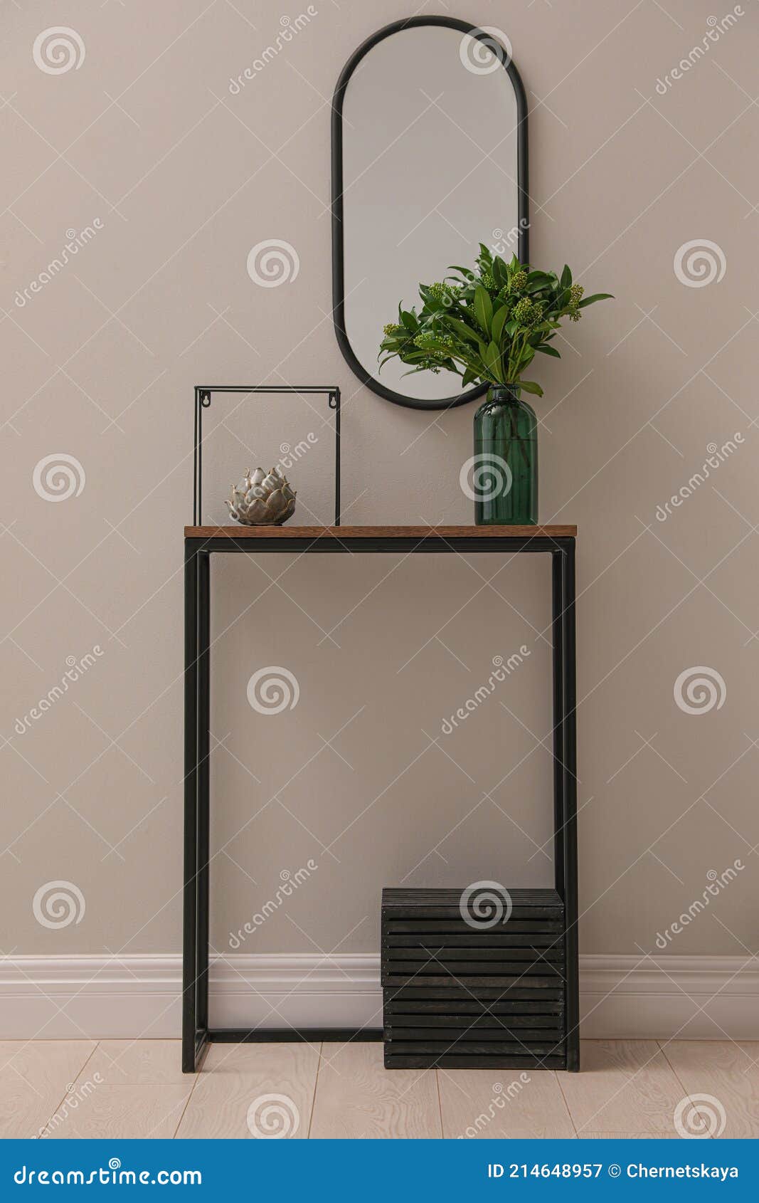 Console Table with Decor and Mirror on Light Wall in Hallway. Interior ...