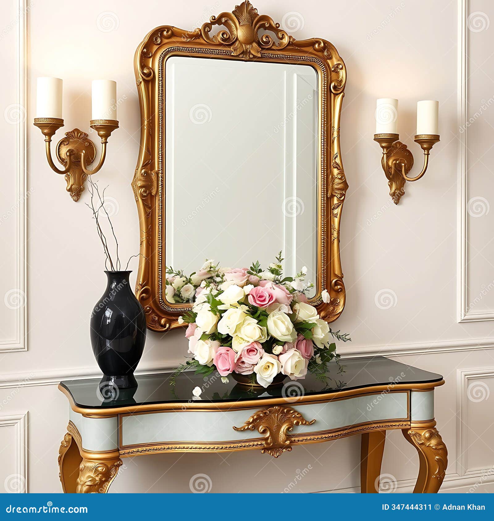 Console Table with an Elegant Gold Frame Mirror and a Floral ...