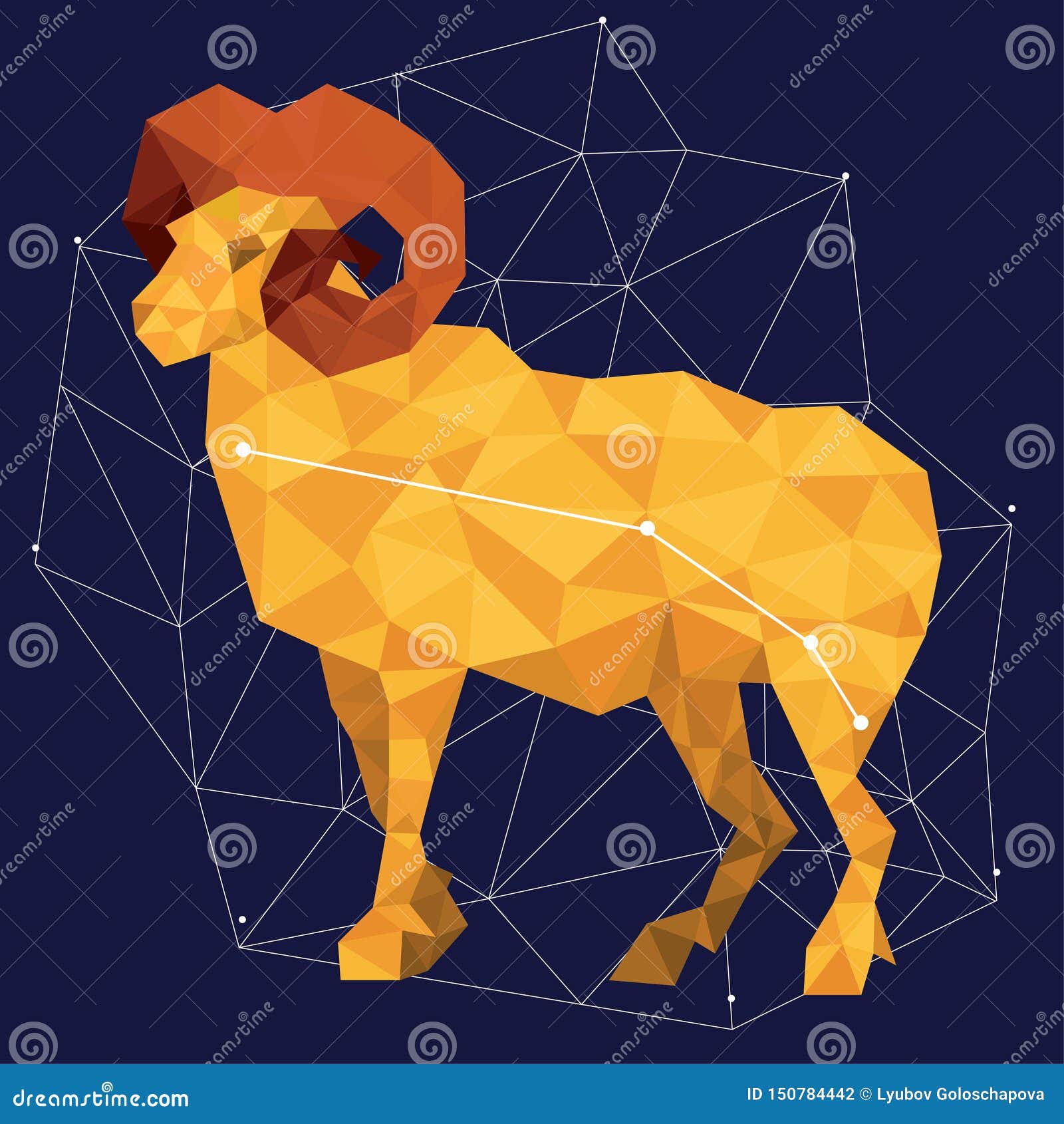 Aries Zodiac Golden Vector Sign on the Dark Blue Background. Vector ...