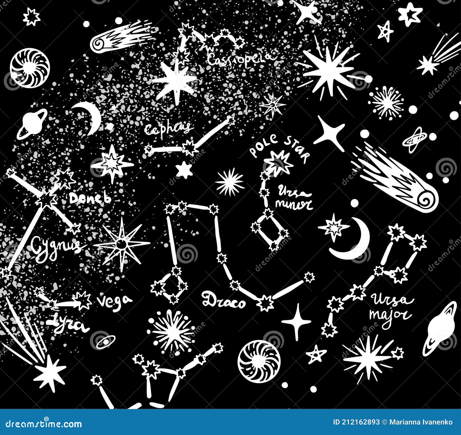Constellations Map in Doodle Style with Planets, Comets and Stars ...