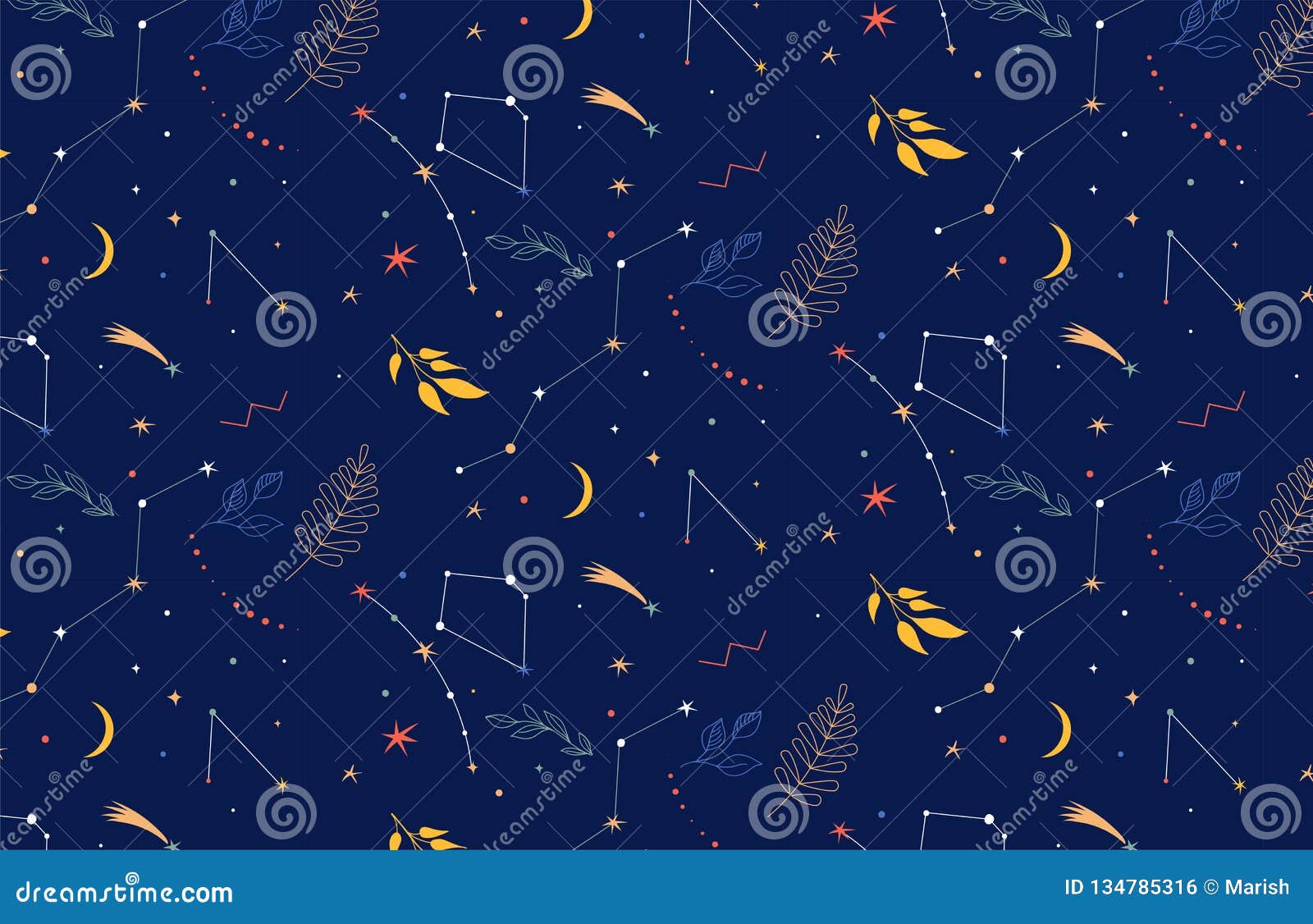 Constellations Seamless Pattern. Night Background with Stars, Planents ...