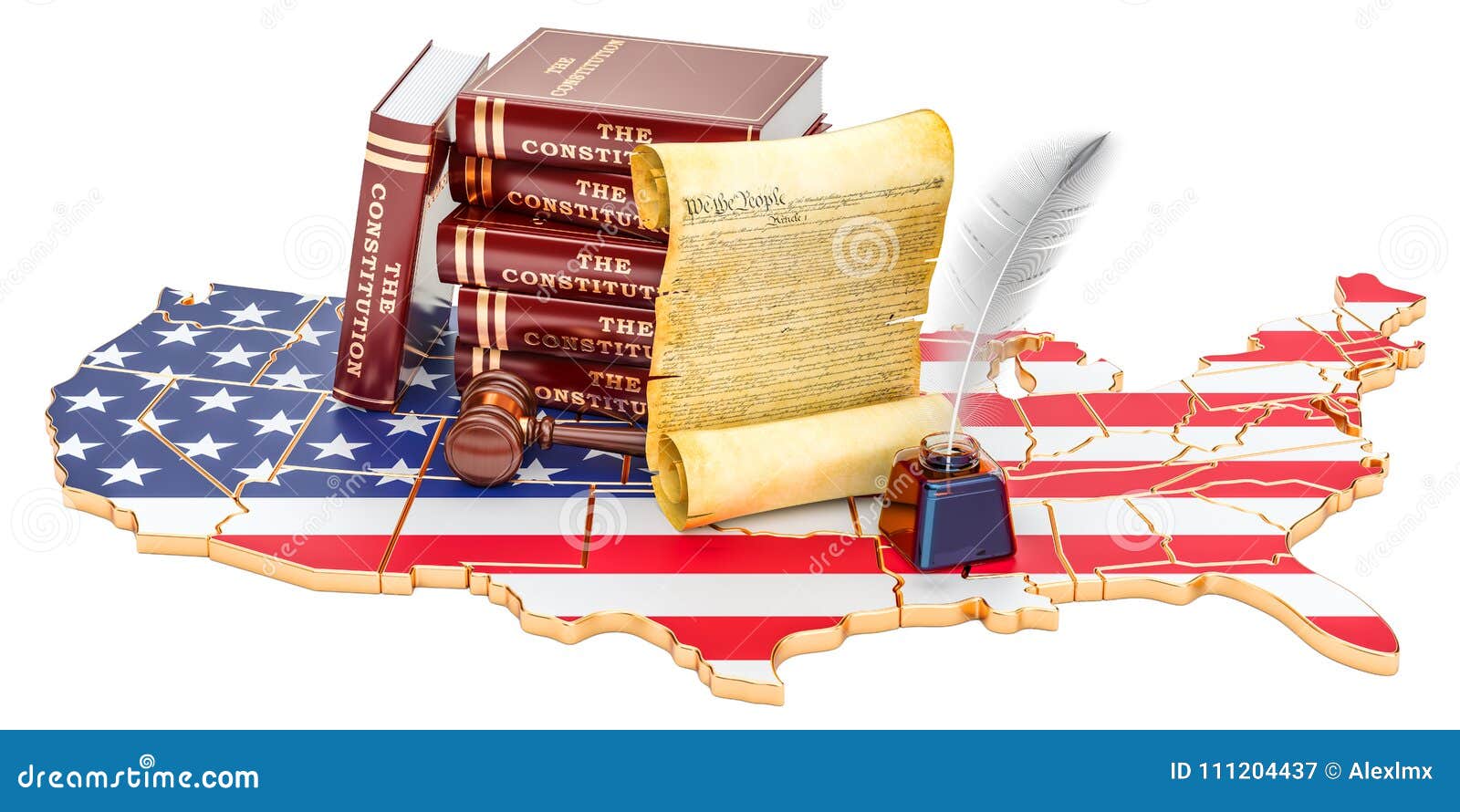 Constitution of the United States Concept with Map and Flag, 3D Stock ...