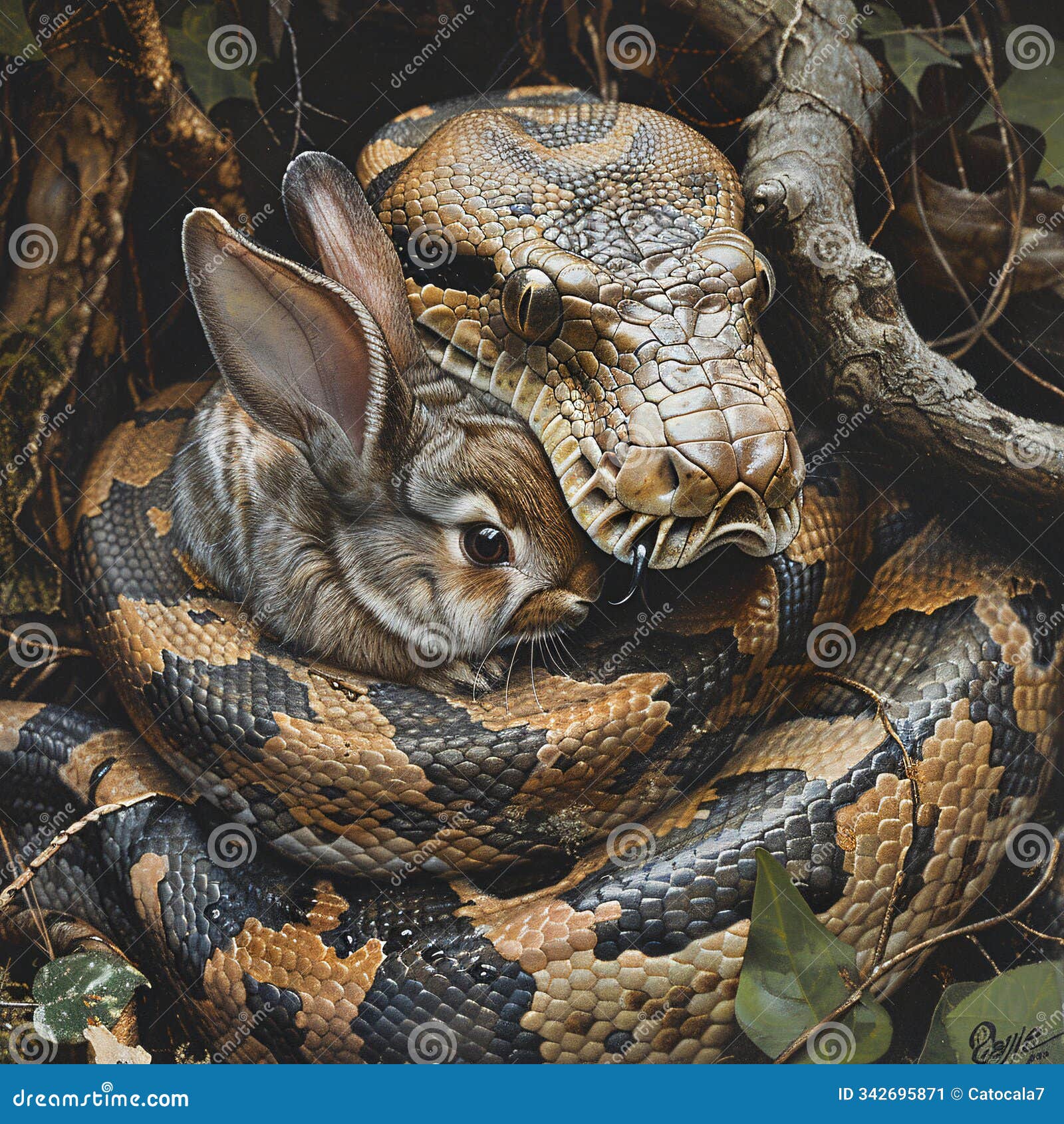 A Constrictor Snake Captures and Swallows a Rabbit in a Natural Habitat ...