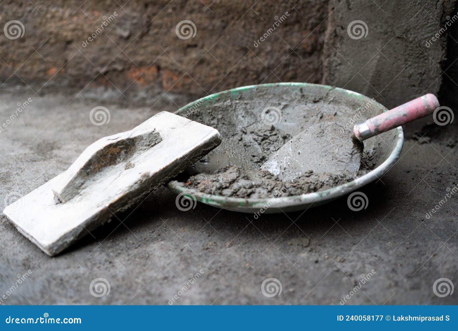 Construcation Wooden Plaster Tool and Mixed Concrete Cement at Site for ...