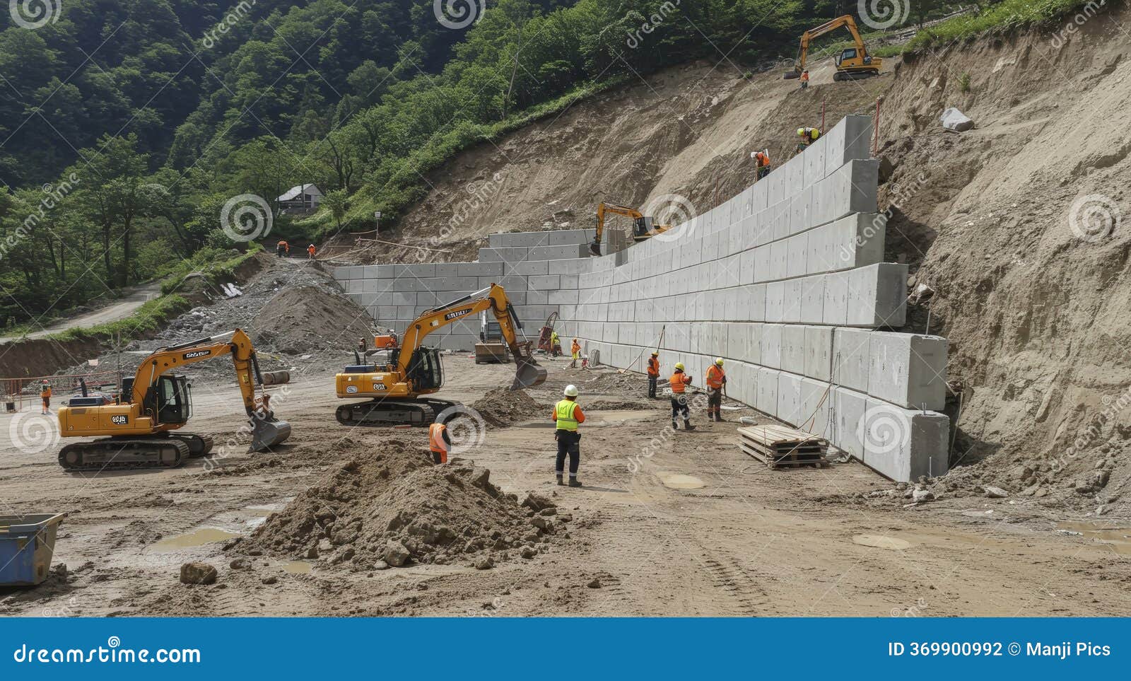 Constructing Concrete Retaining Wall With Heavy Machinery And Construction Workers Stock ...