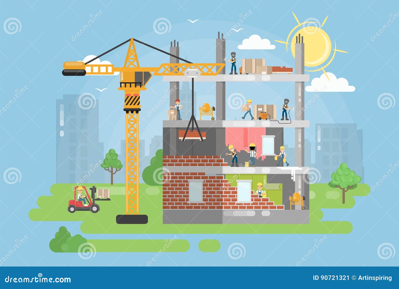 Constructing new building. stock vector. Illustration of laying - 90721321