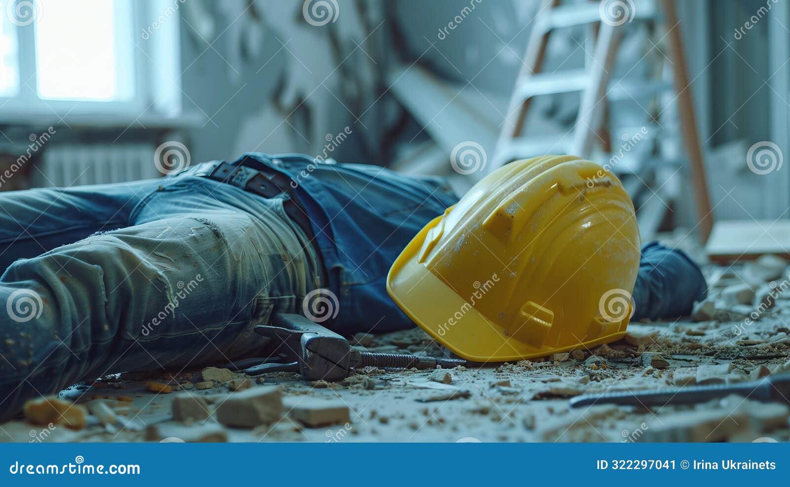 Construction Accident Scene Depicting a Fallen Worker. Dramatic ...